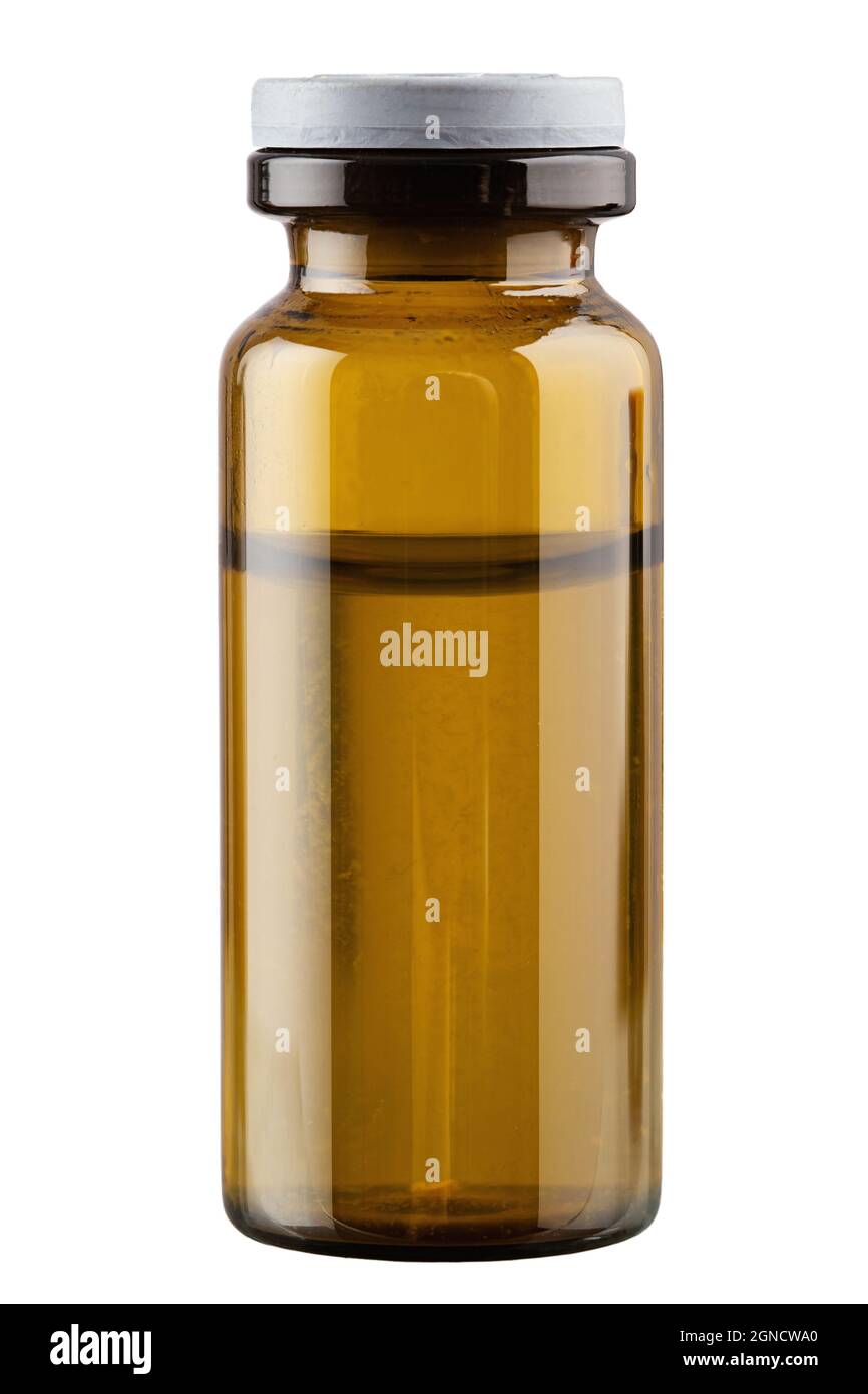 Bottle with liquid medicine. Transparent brown vial with lid. Stop your ...