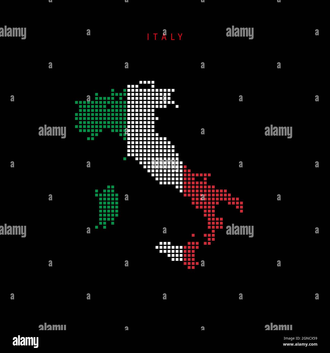 Square dots pattern map of Italy. Dotted pixel map with national flag colors isolated on black ...