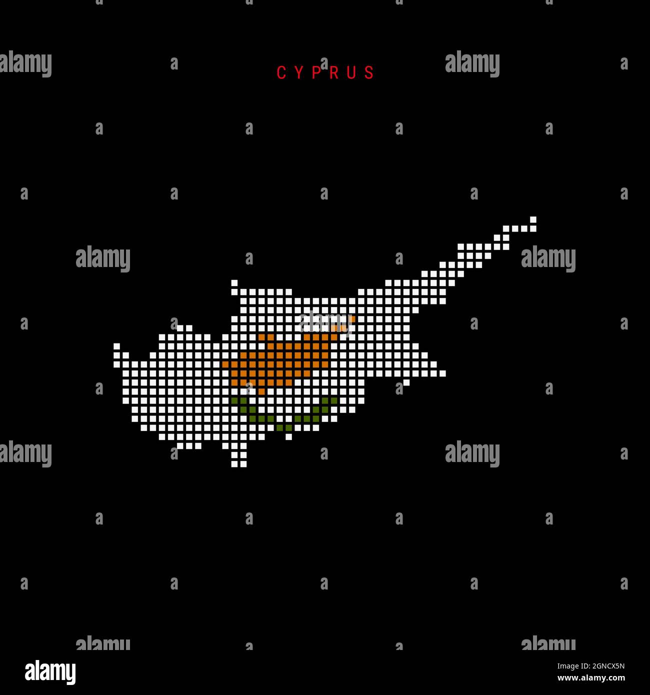 Square dots pattern map of Cyprus. Dotted pixel map with national flag colors isolated on black ...