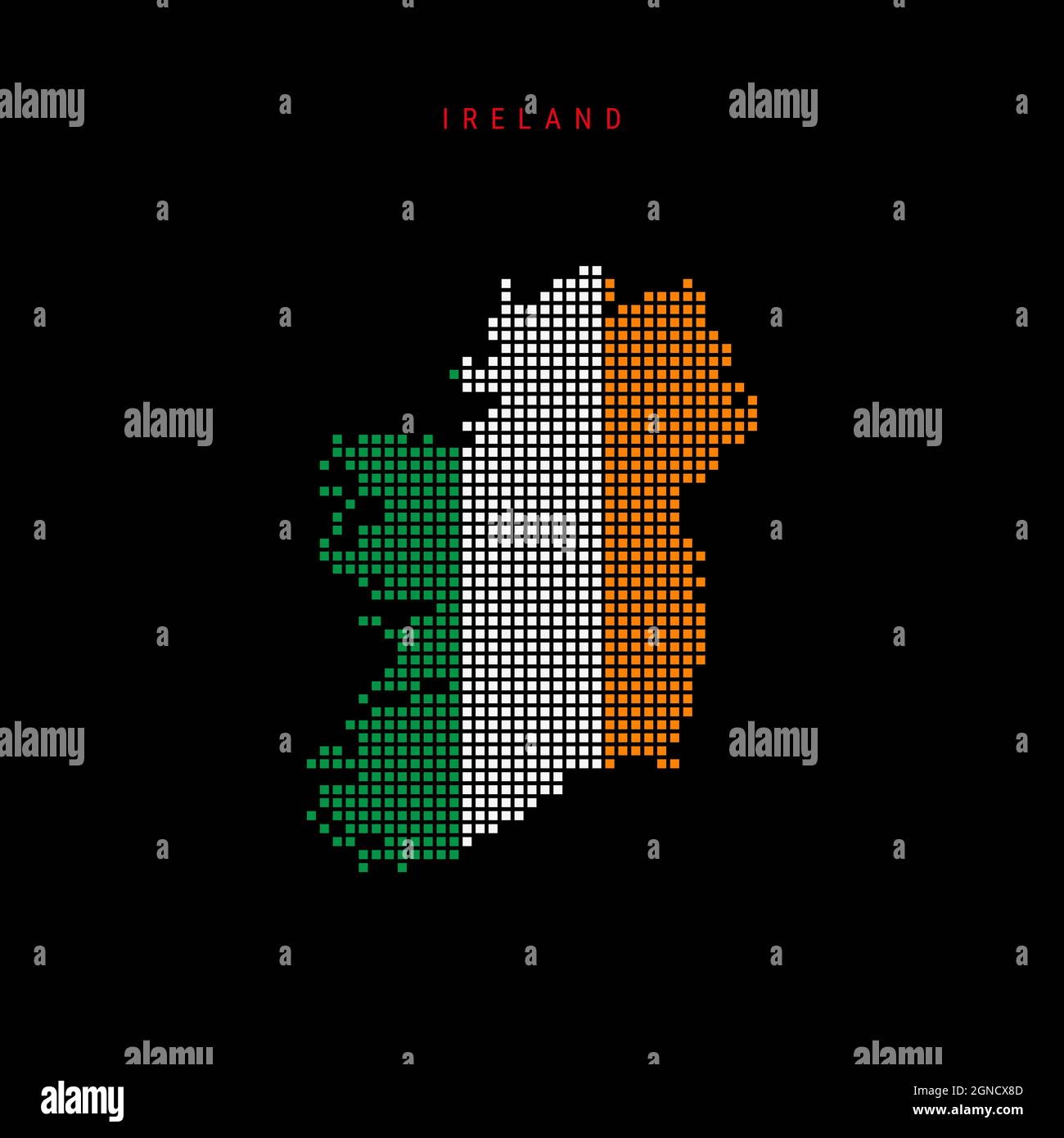Square dots pattern map of Ireland. Dotted pixel map with national flag colors isolated on black ...