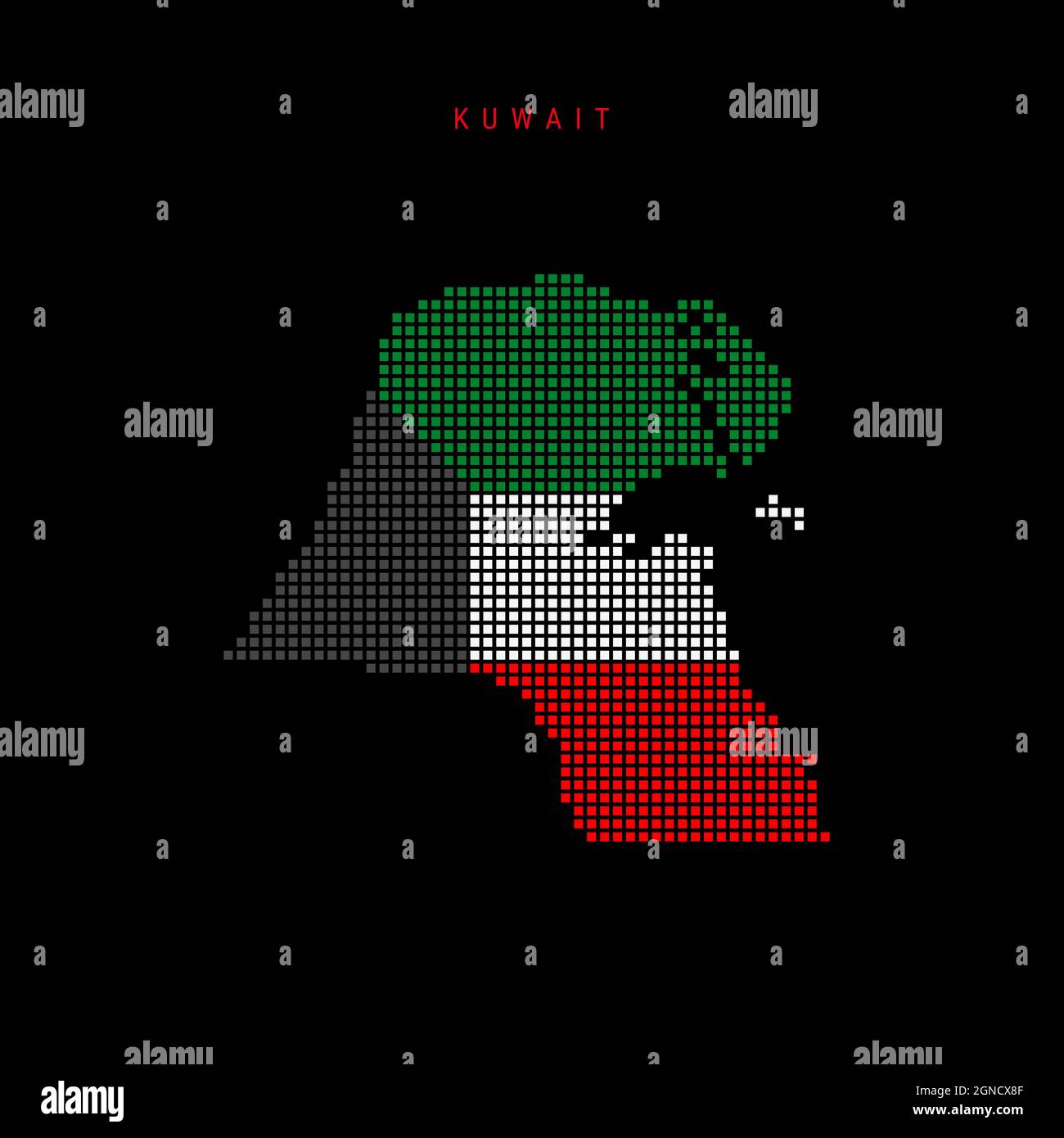 Square dots pattern map of Kuwait. Dotted pixel map with national flag colors isolated on black ...