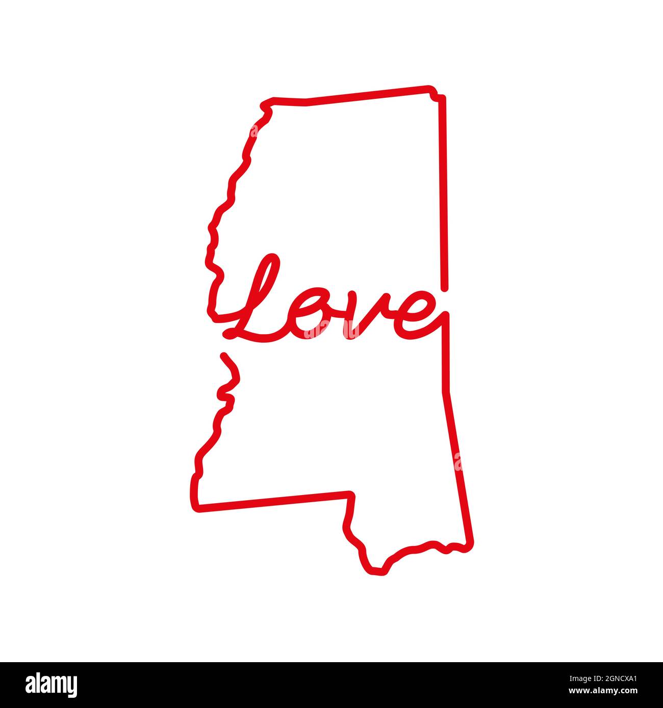 Mississippi US state red outline map with the handwritten LOVE word ...