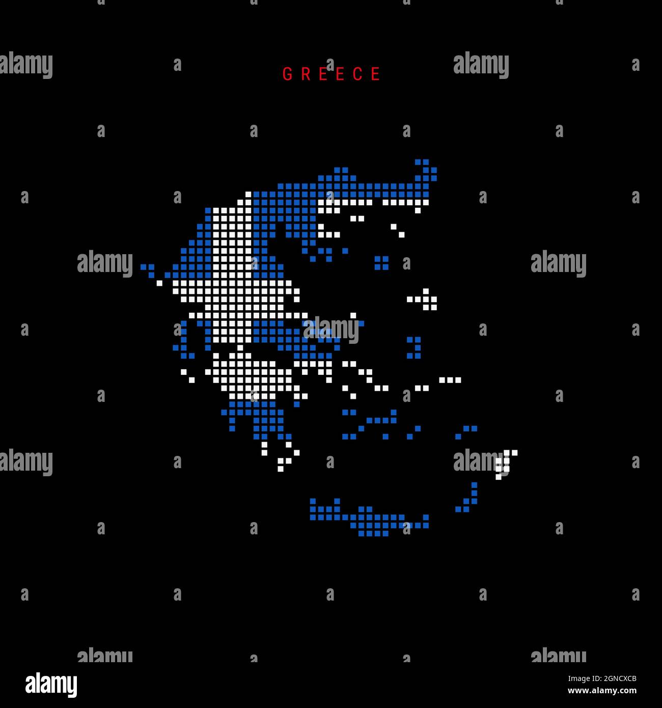 Square dots pattern map of Greece. Dotted pixel map with national flag colors isolated on black ...