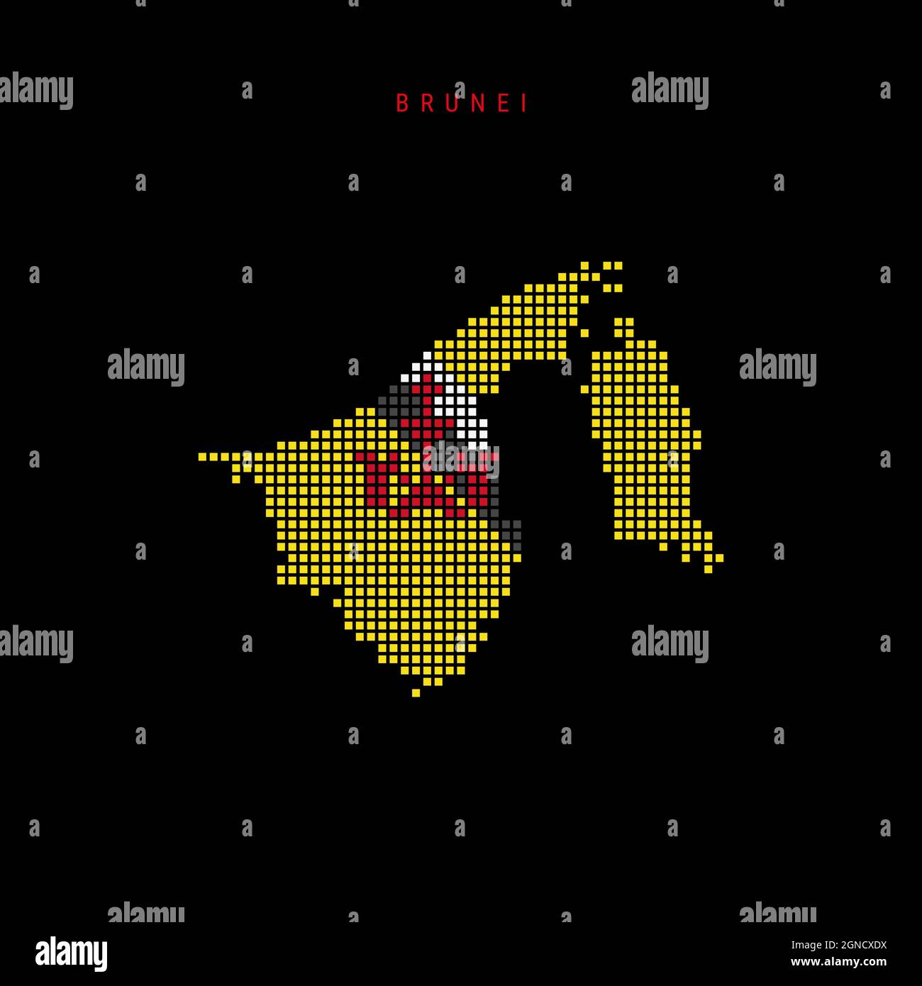 Square dots pattern map of Brunei. Dotted pixel map with national flag colors isolated on black ...