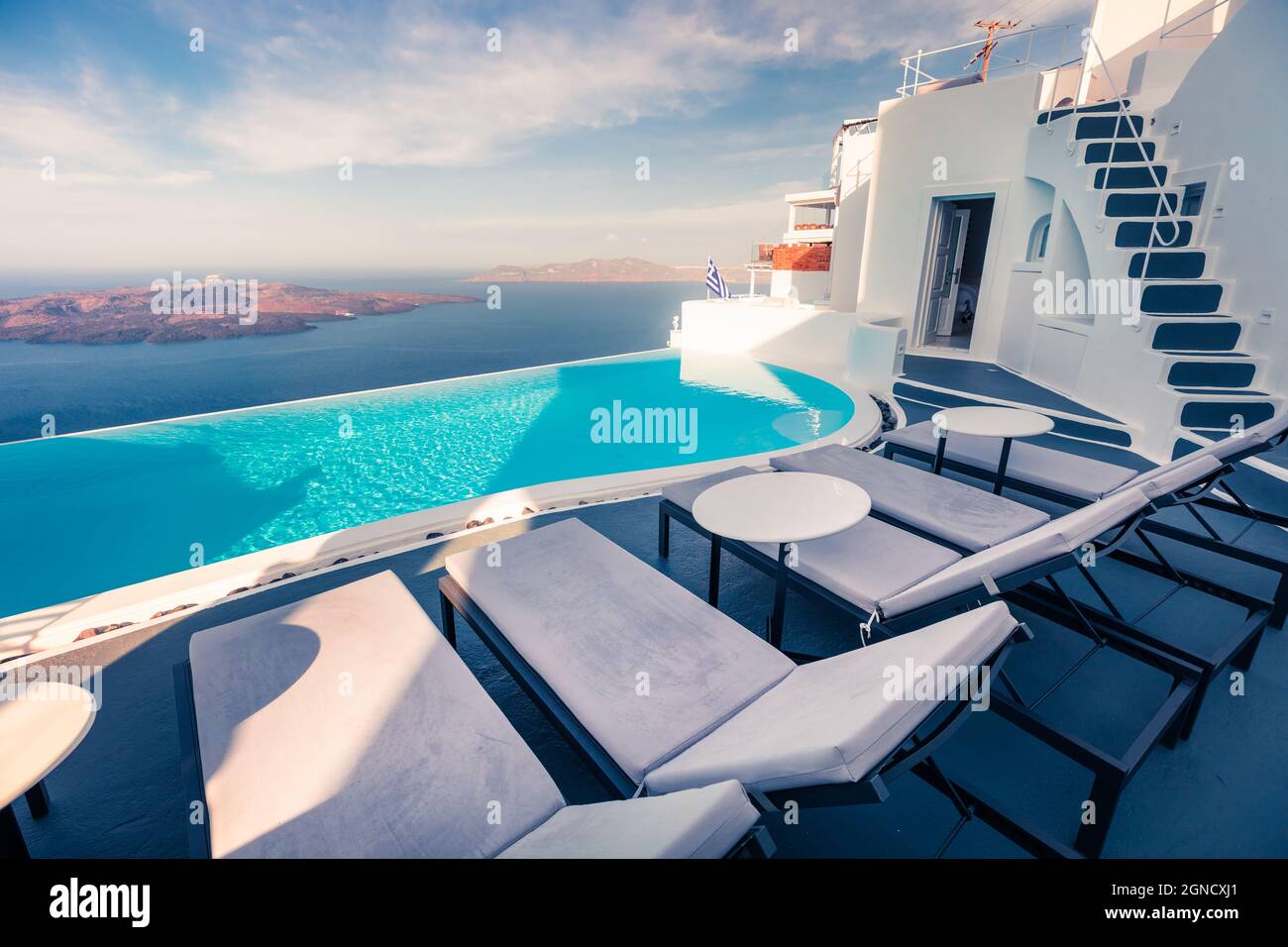 Bright morning view of Santorini island. Picturesque spring scene of ...