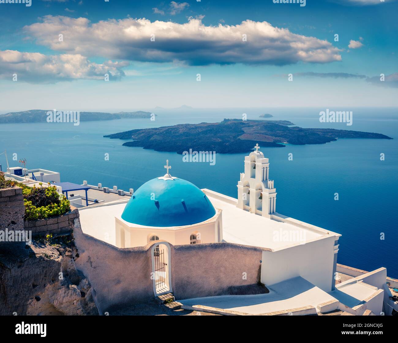 Sunny morning view of Santorini island. Picturesque spring scene of the ...