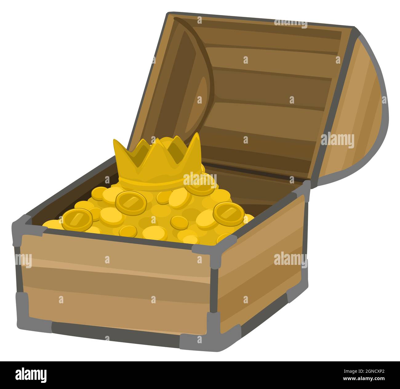 Treasure chest with gold coins and crown, cartoon color vector ...
