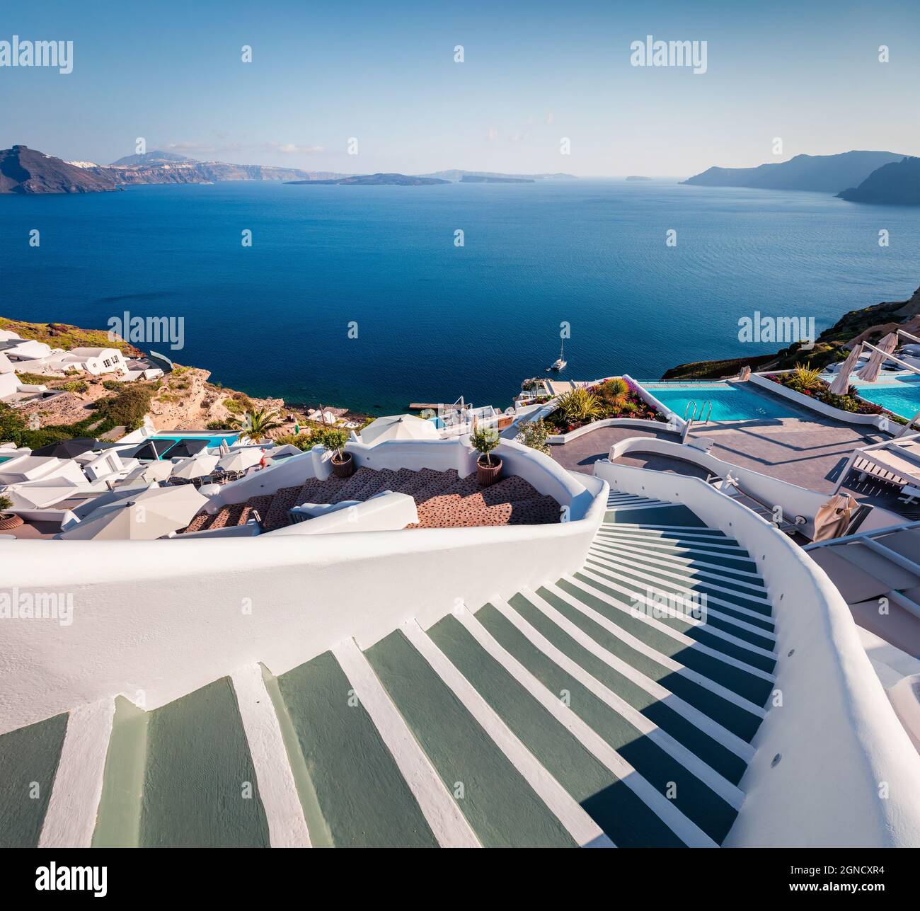 Sunny morning view of Santorini island. Picturesque spring scene of the ...