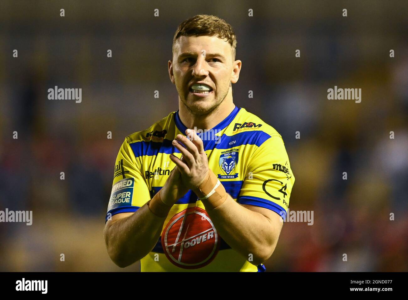 George Williams (31) of Warrington Wolves applauds the fans at the ...