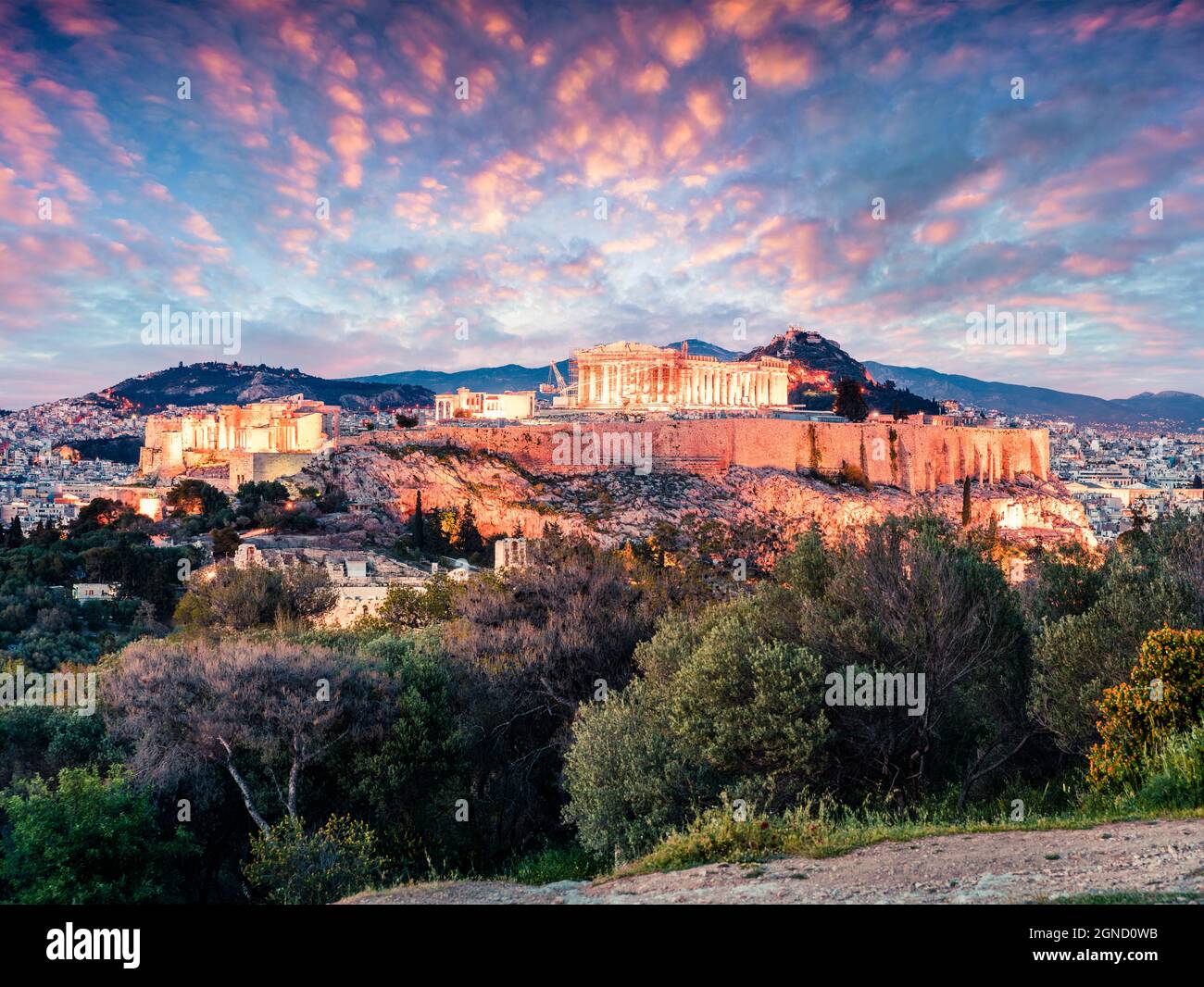 Great spring view of Parthenon, former temple, on the Athenian Acropolis, Greece, Europe ...