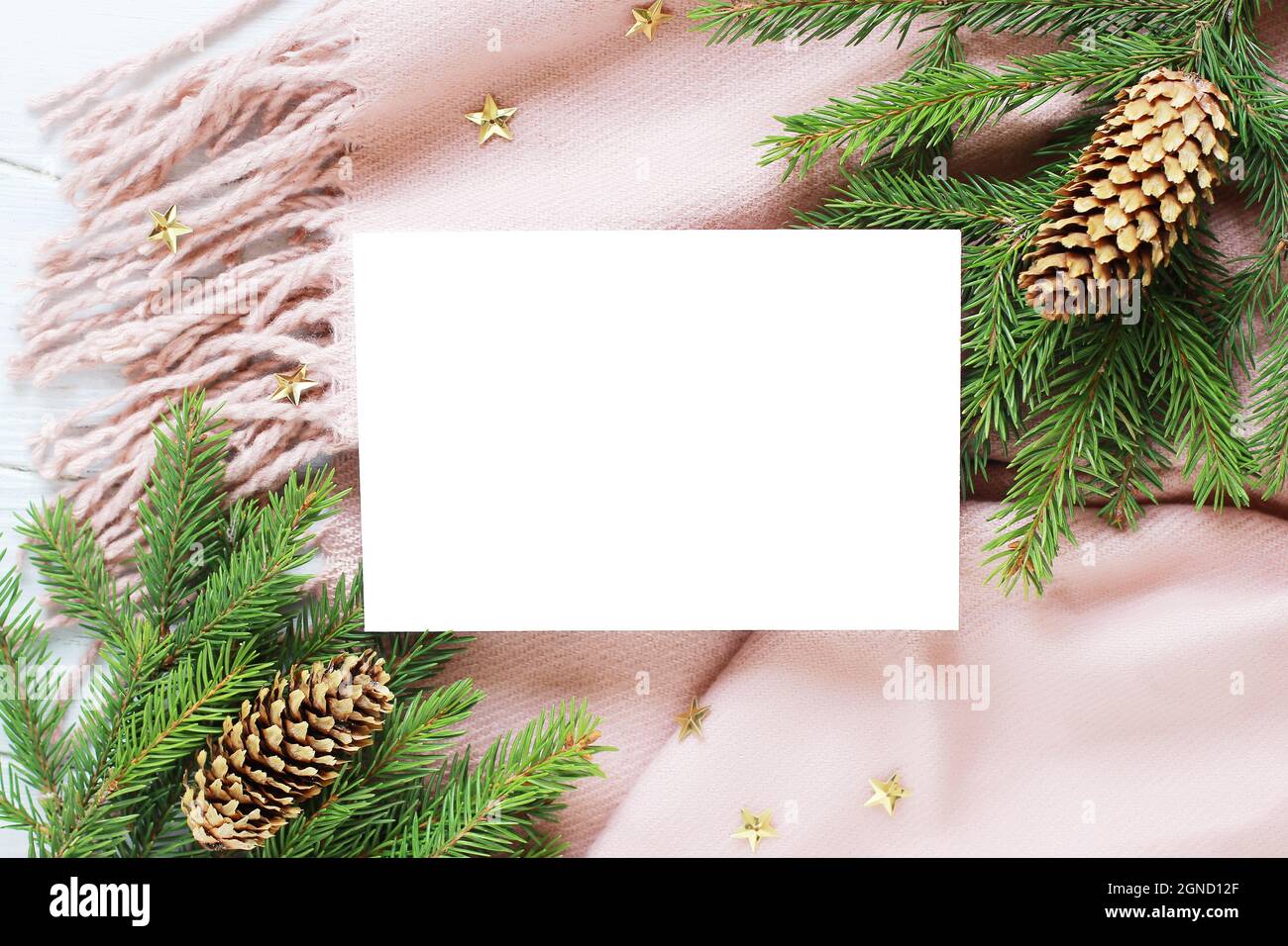 Blank Christmas or New year greeting paper card with fir branches. Flat ...