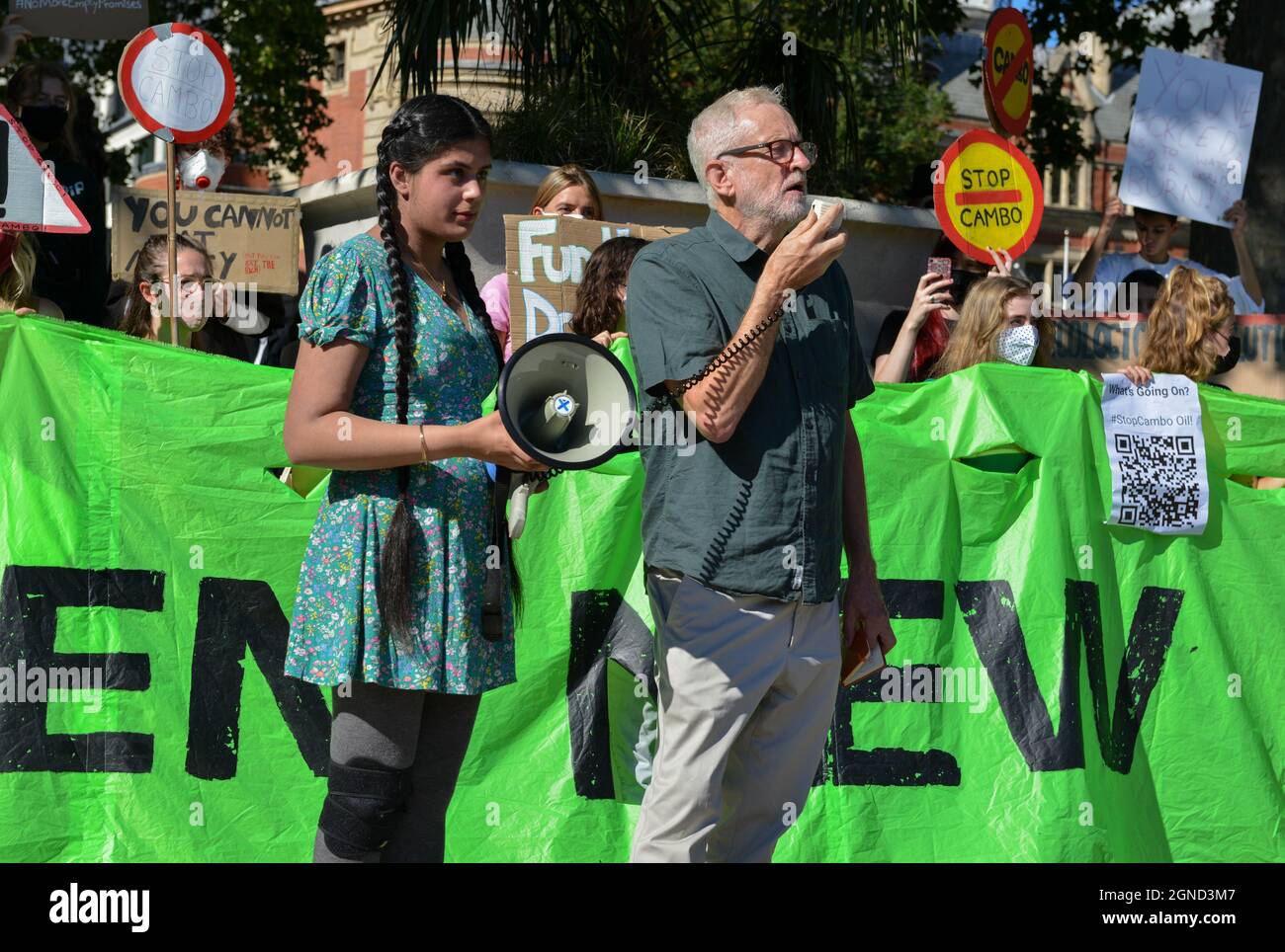 Former Labour Party leader, Jeremy Corbyn speaks to the protestors ...