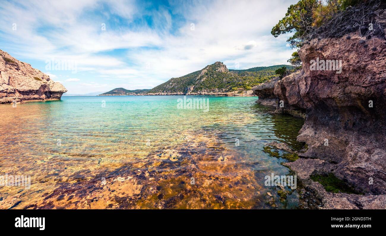 Colorful spring view of the cozy beach in northeastern Corinthia ...