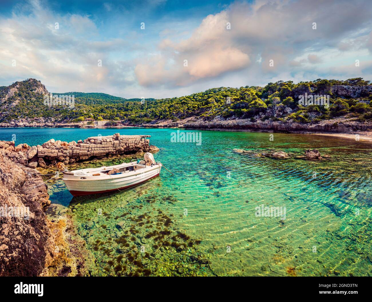 Colorful spring panorama on the cozy beach in northeastern Corinthia ...