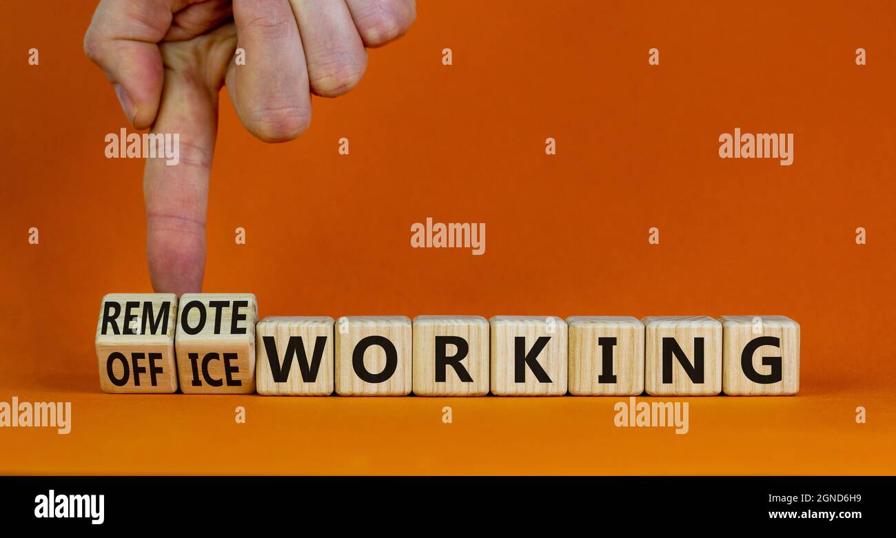 Office or remote working symbol. Businessman turns cubes and changes ...