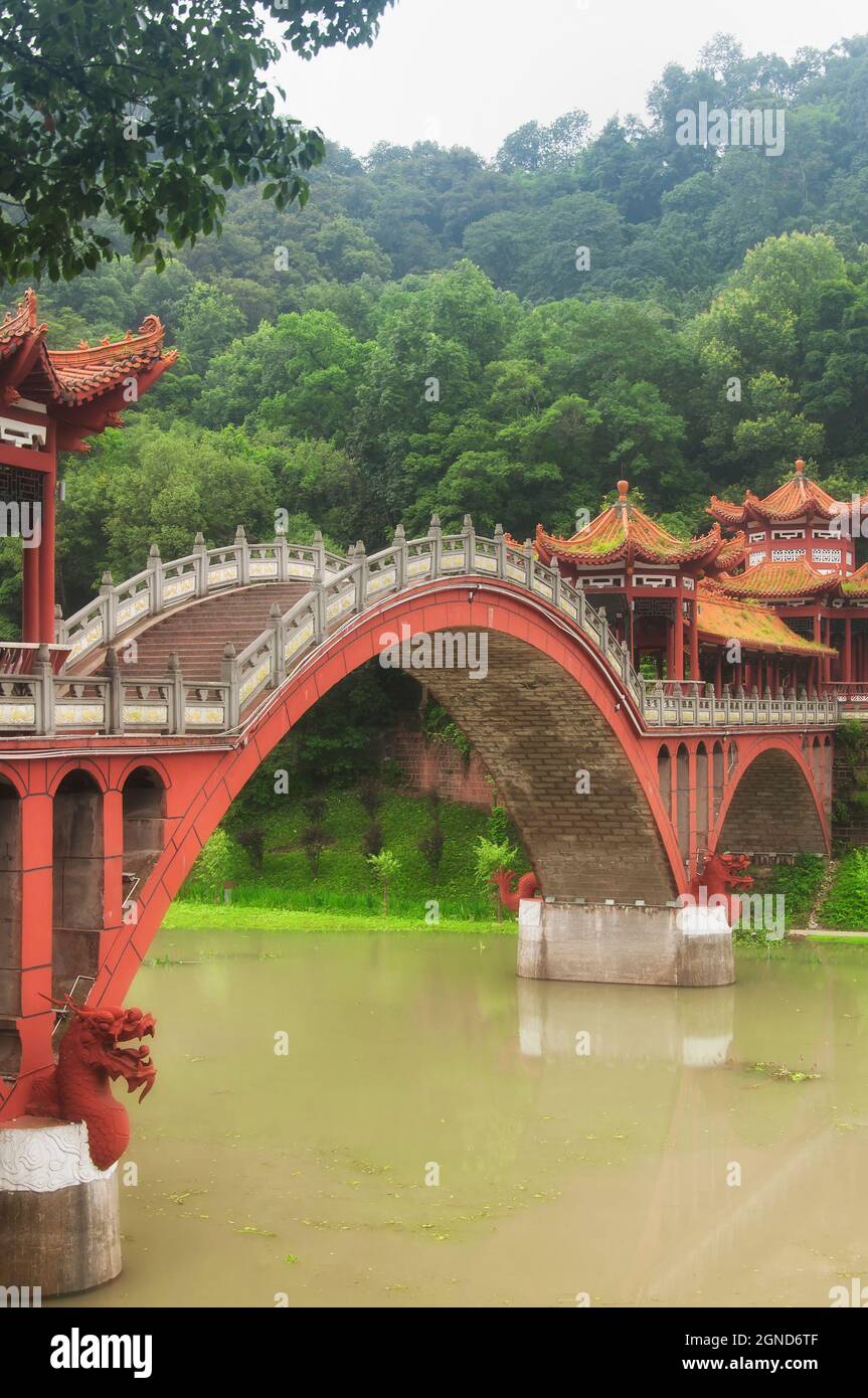 The landmark Haoshang Bridge over the mahao river within the Leshan ...