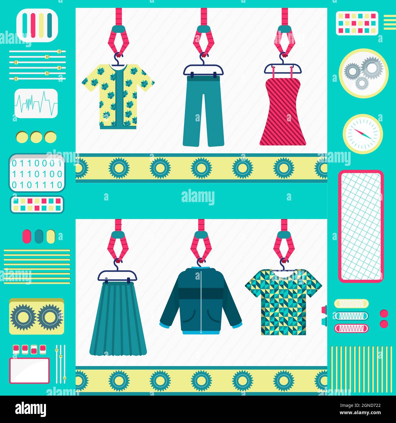 Colorful and cute clothes factory with machines, conveyor and gripper ...