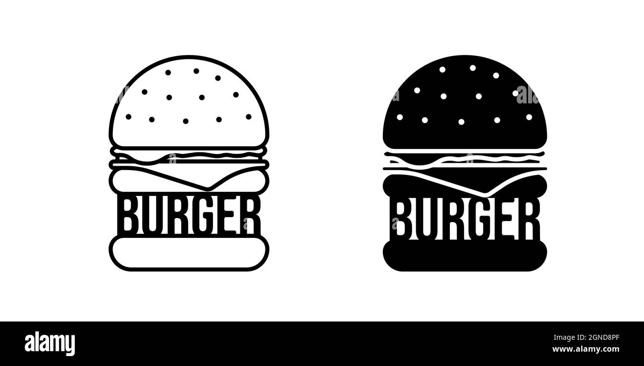 Burger fast food isolated black icon set. Hamburger linear symbol for ...
