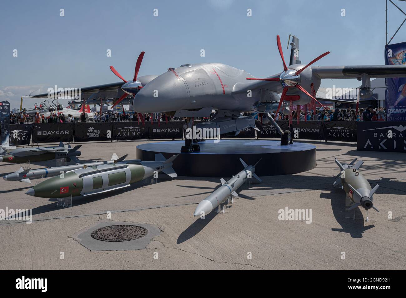 Akinci drone on display at the festival. Bayraktar Ak?nc? is a High-Altitude Long-Endurance ...