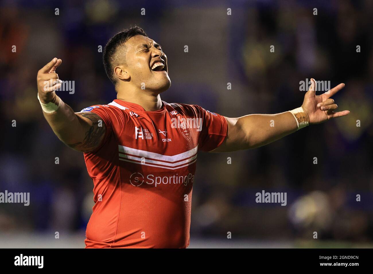 Albert Vete (8) of Hull KR celebrates knocking Warrington out of the ...
