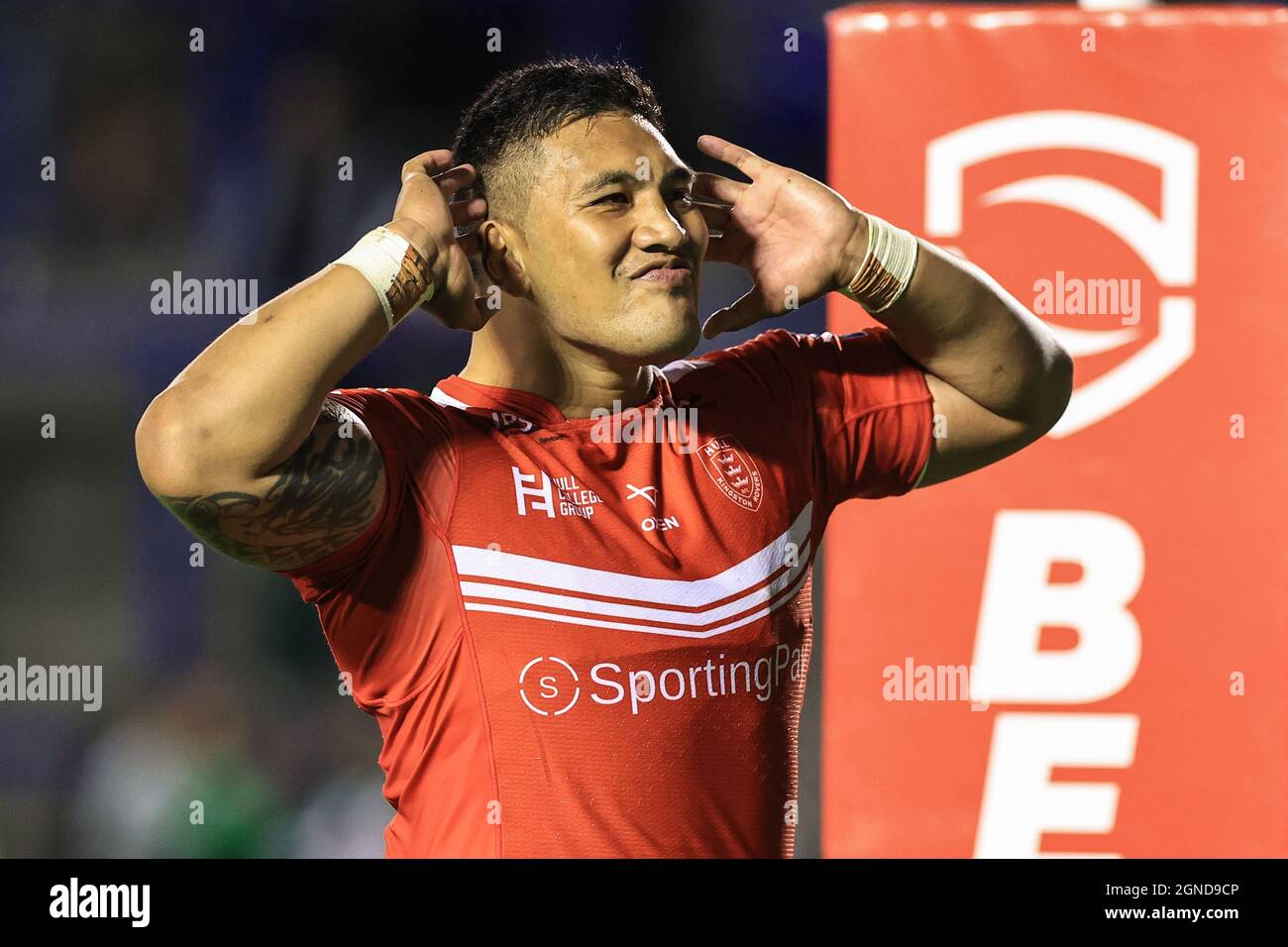 Albert Vete (8) of Hull KR celebrates knocking Warrington out of the ...