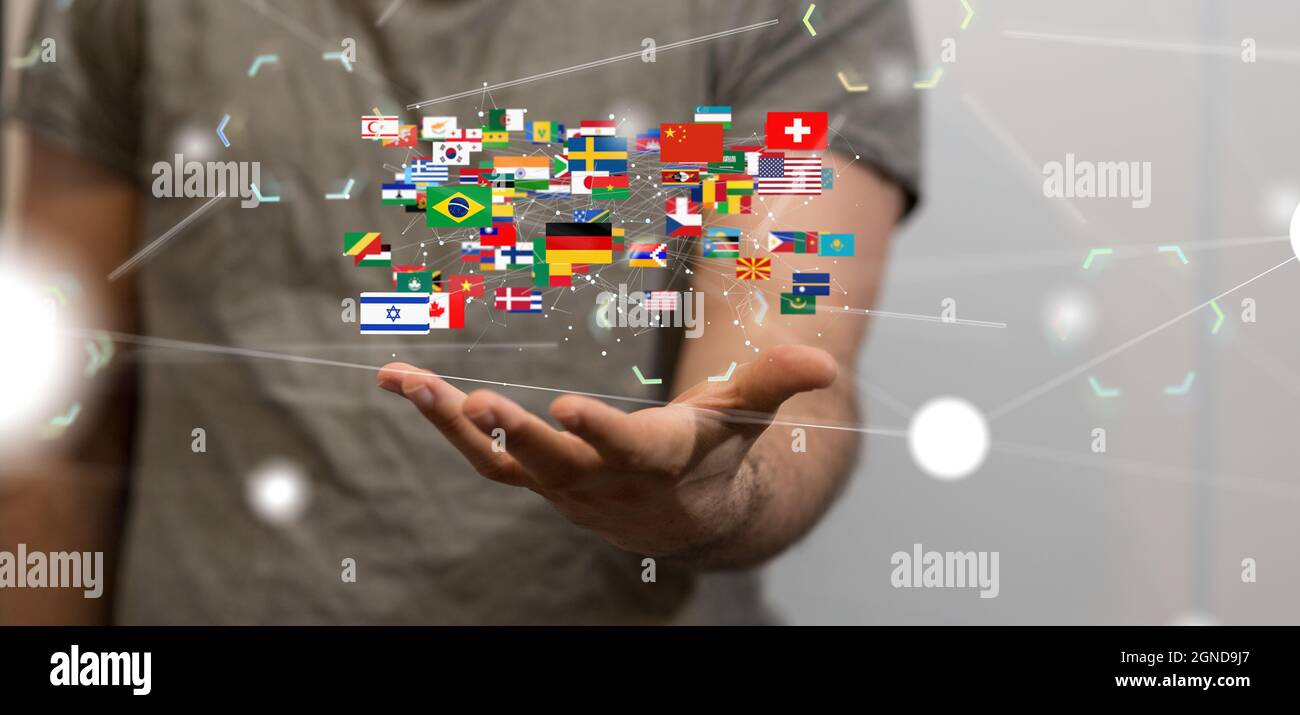 3d illustration of flags of different countries with technology ...