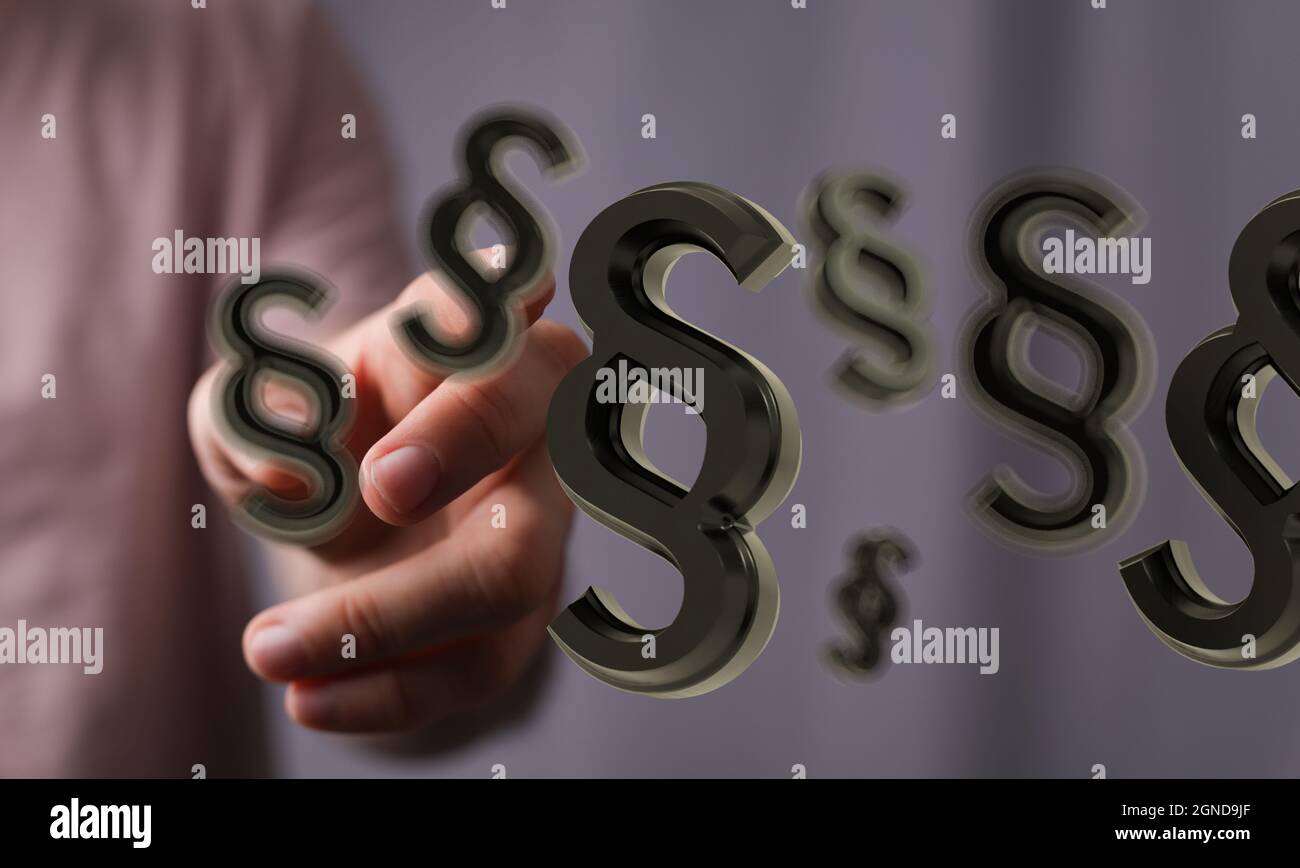3d render of a Symbol of Law and Justice and male hand on a blurry ...