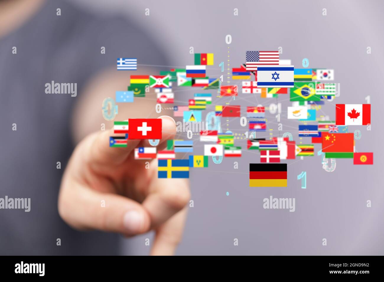 Closeup of a man's hand tapping on 3d illustration of flags of ...