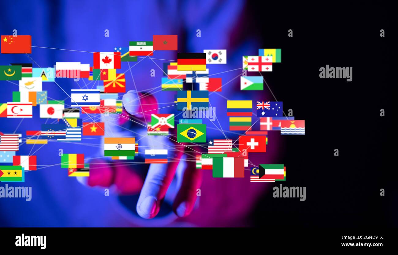 3d illustration of flags of different countries with a man tapping on ...