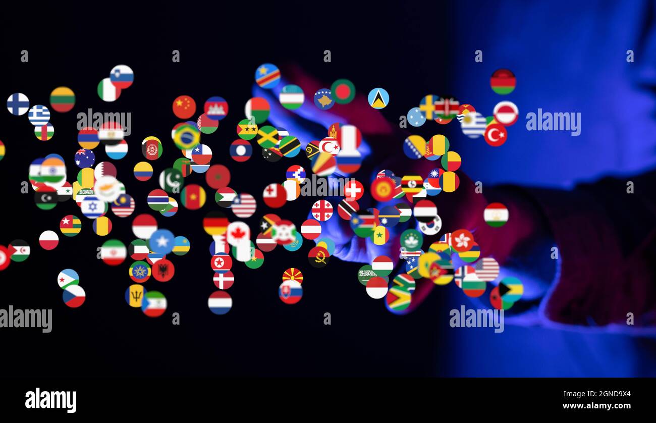 3d illustration of flags of different countries with a man tapping on ...