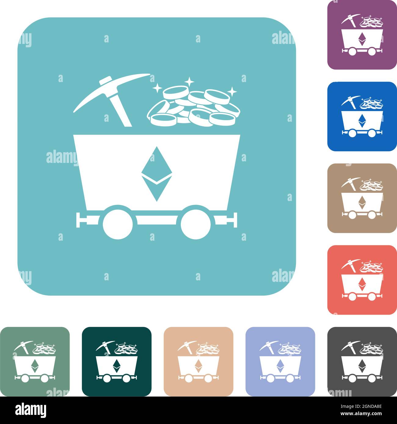 Ethereum cryptocurrency mining with treasure white flat icons on color ...