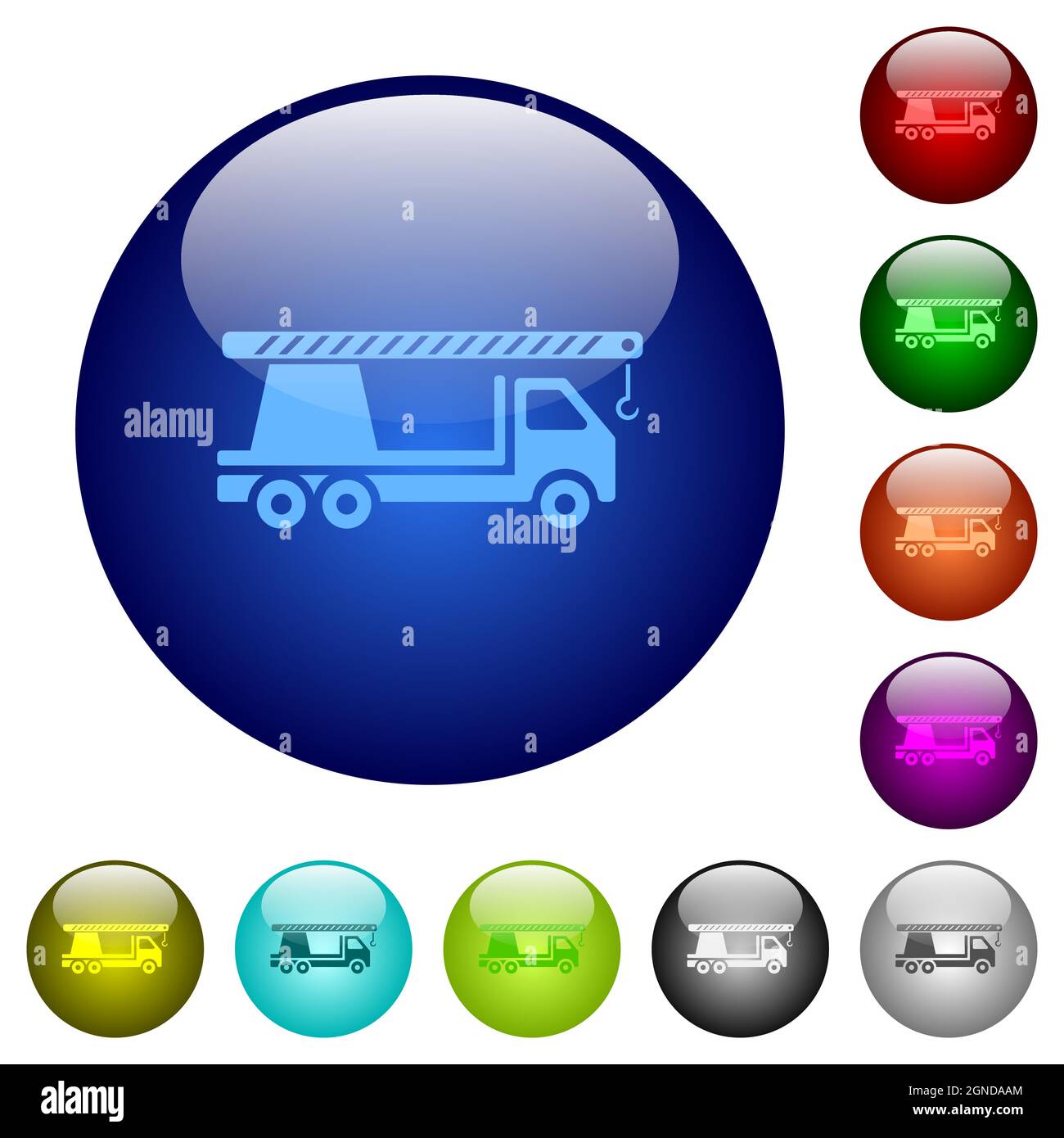 Crane truck icons on round glass buttons in multiple colors. Arranged layer structure Stock ...