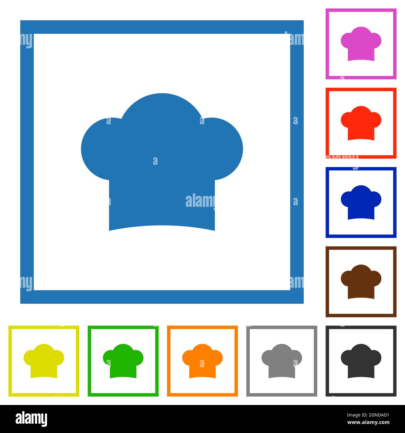 Chef hat solid flat color icons in square frames on white background ...