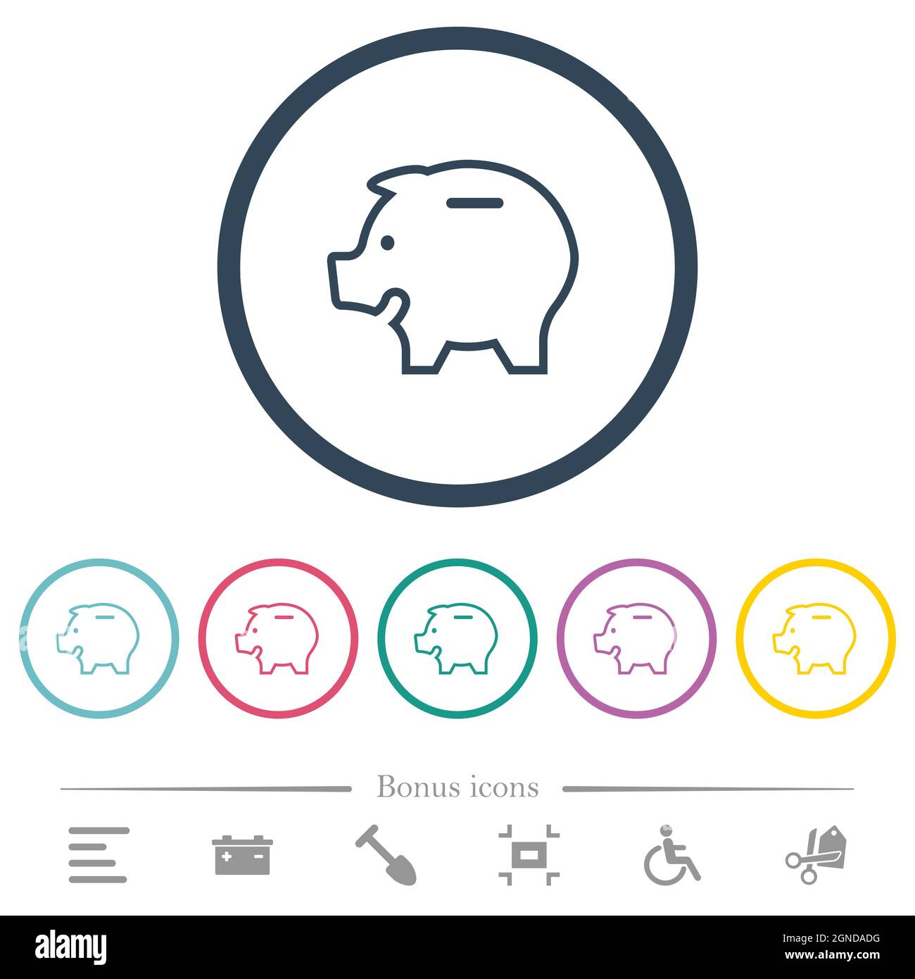 Left facing piggy bank outline flat color icons in round outlines. 6 ...