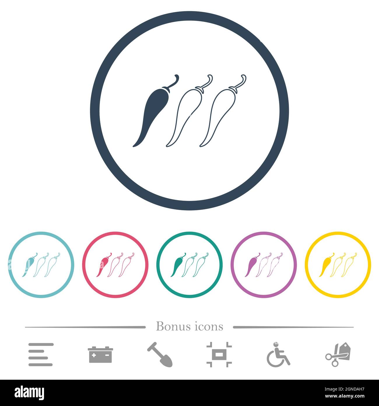 Mild chili pepper level flat color icons in round outlines. 6 bonus ...