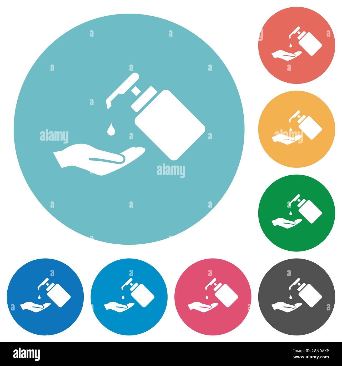 Hand washing with liquid soap flat white icons on round color ...