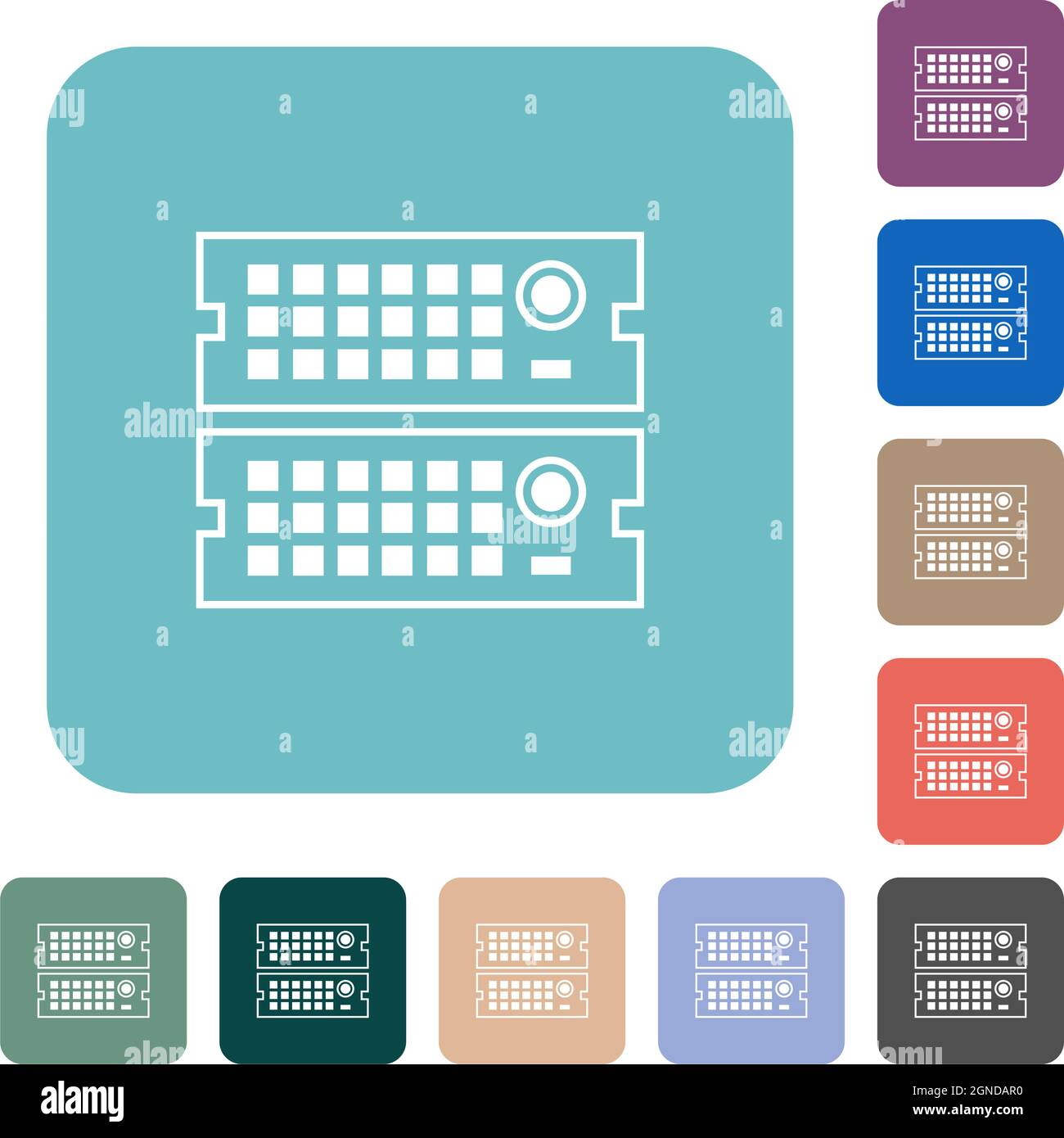Rack servers outline white flat icons on color rounded square ...