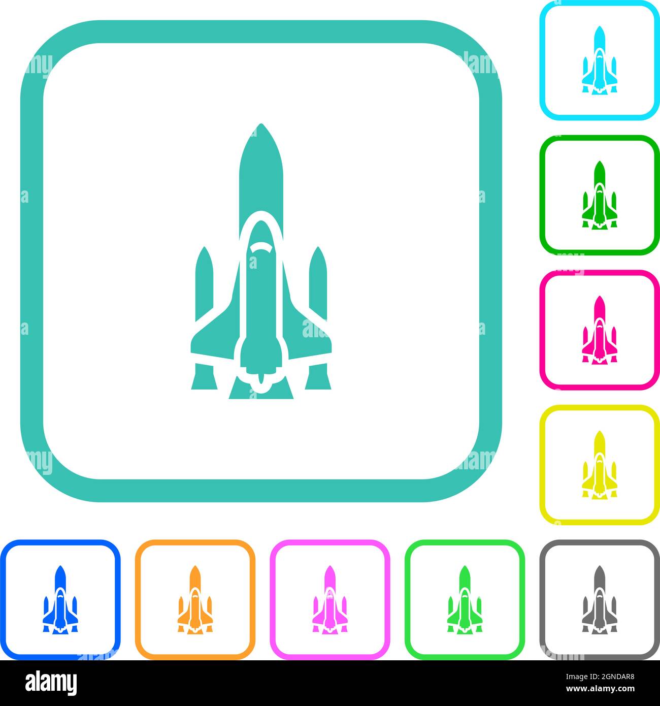 Space shuttle with launchers vivid colored flat icons in curved borders on white background ...