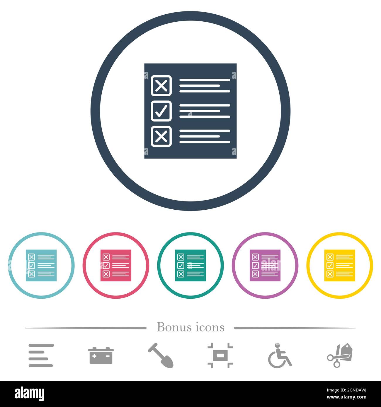 Questionnaire paper solid flat color icons in round outlines. 6 bonus ...