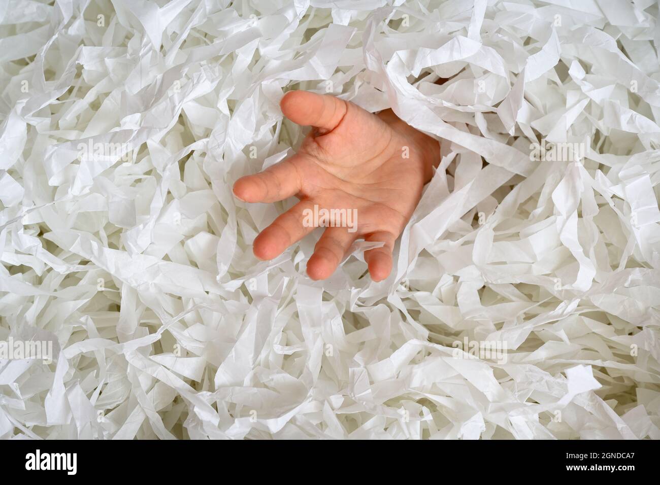 Hand reaches out from heap of shredded paper, man sinking in pile of ...