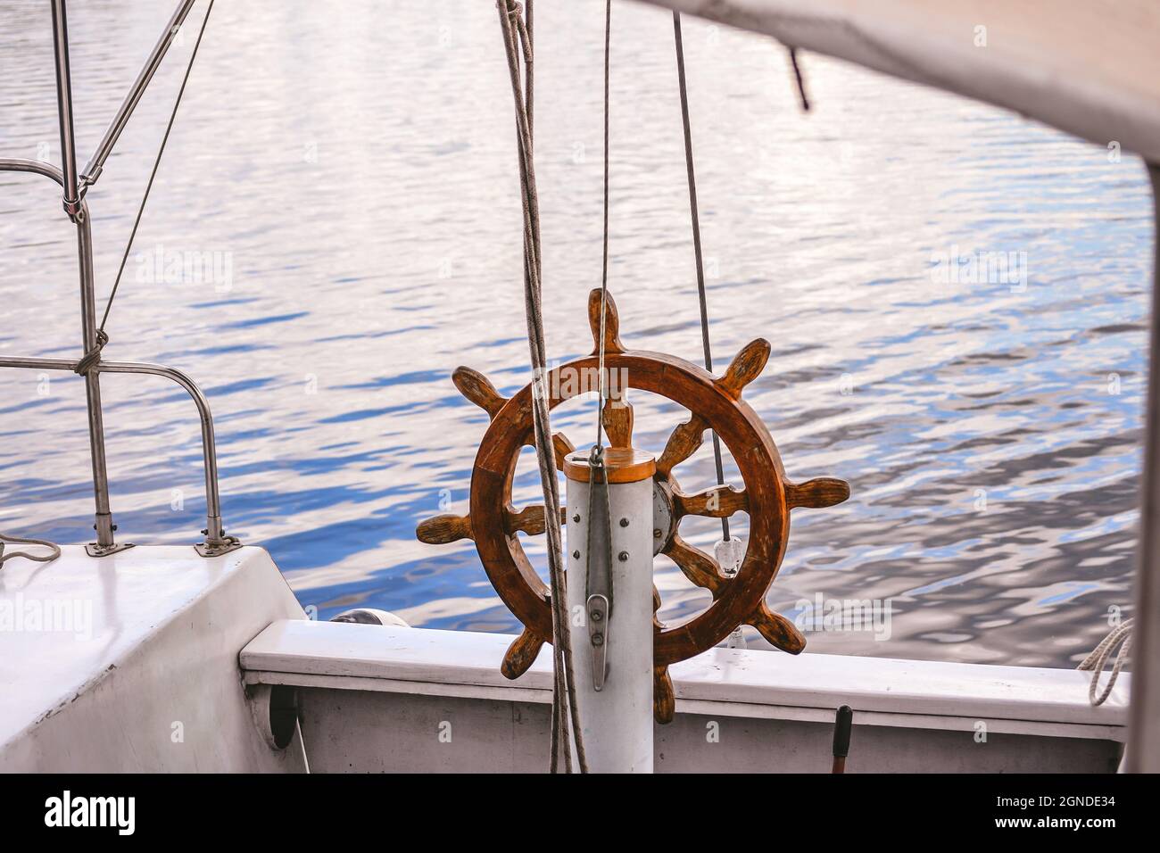 Steering wheel Handwheel ship close up Stock Photo - Alamy