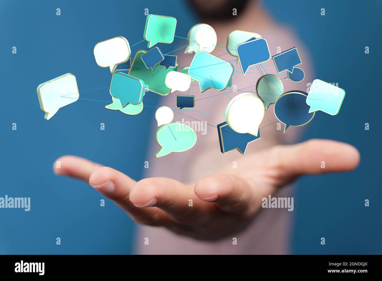 3d illustration of speech bubbles and chatting boxes hovering over a man's palm Stock Photo - Alamy