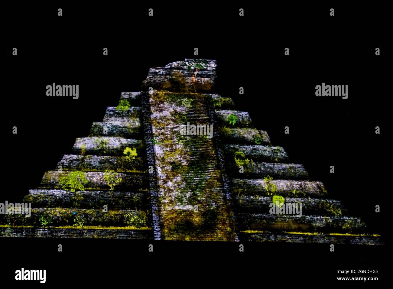 Light show at Kukulkan pyramid in ancient Mayan city Chichen Itza ...