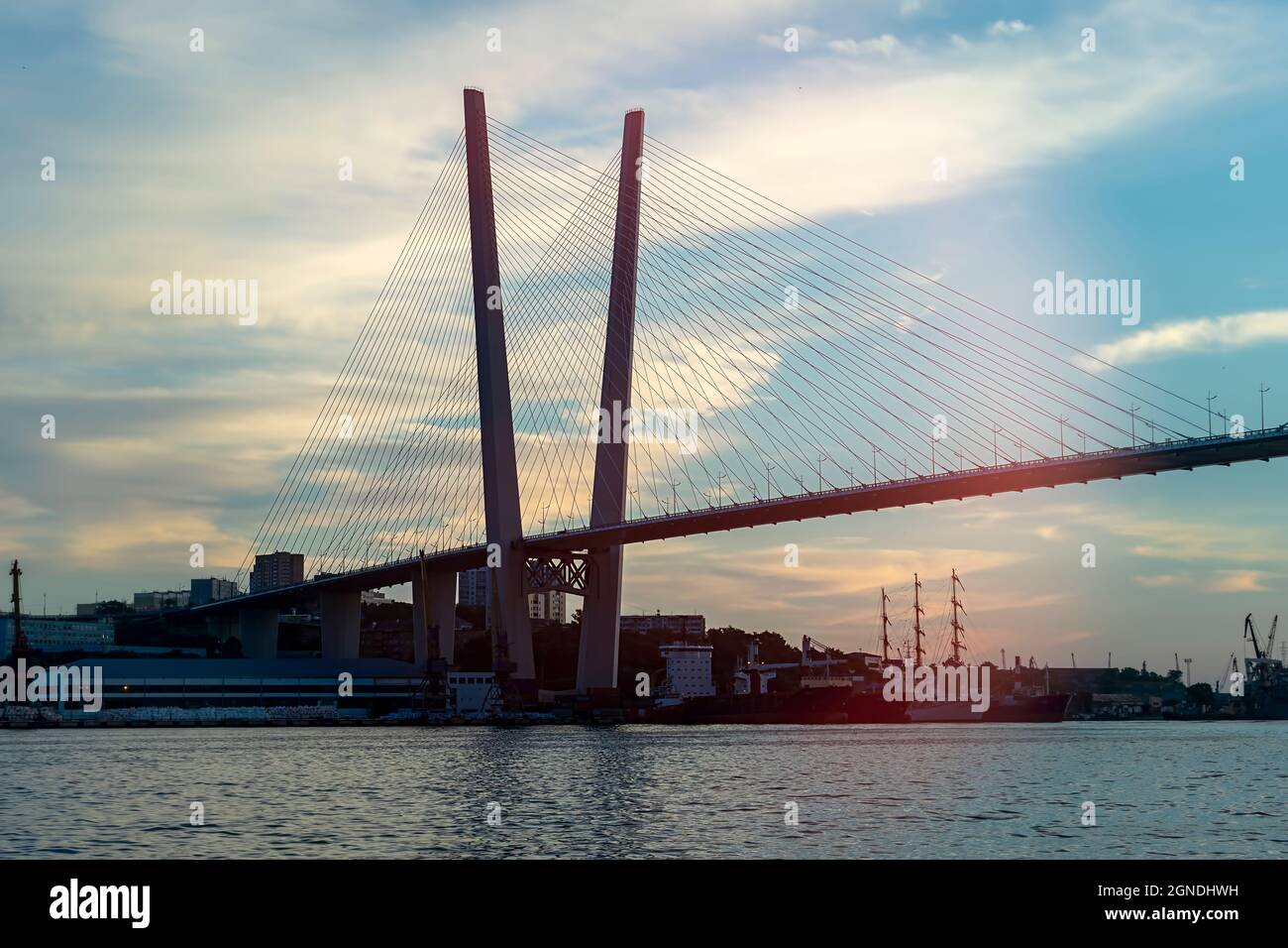 Urban landscape with a view of the Golden Bridge. Vladivostok, Russia ...