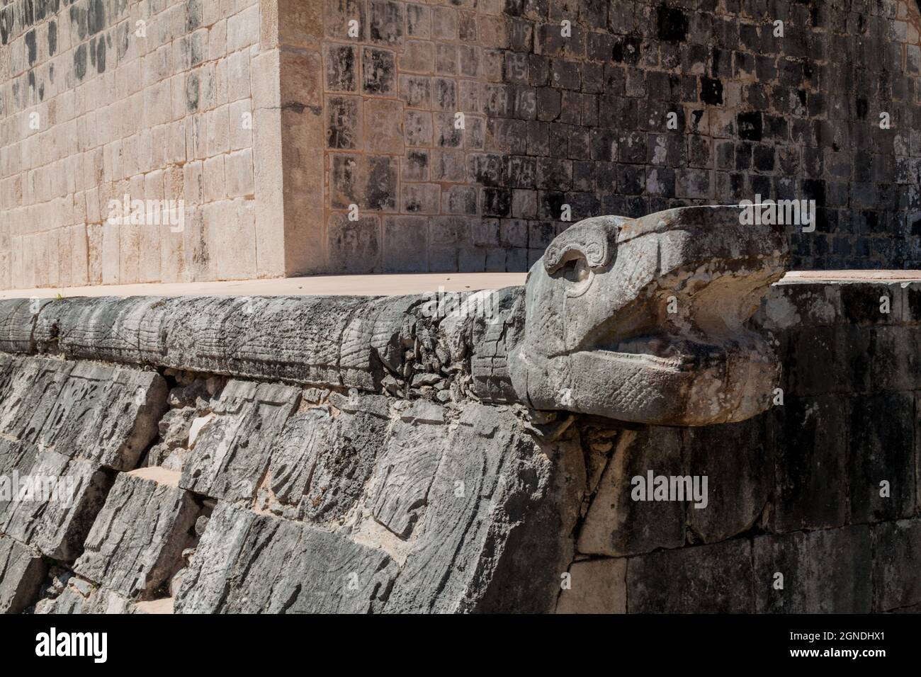 Serpent sculpture at the great ball game court at the archeological ...