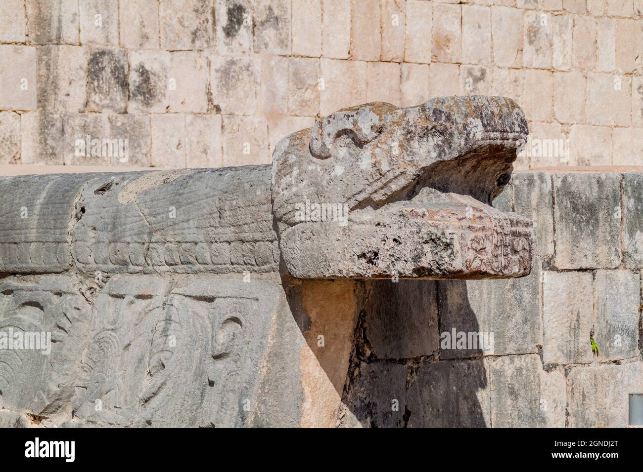 Sculpture at the great ball game court in the Mayan archeological site ...