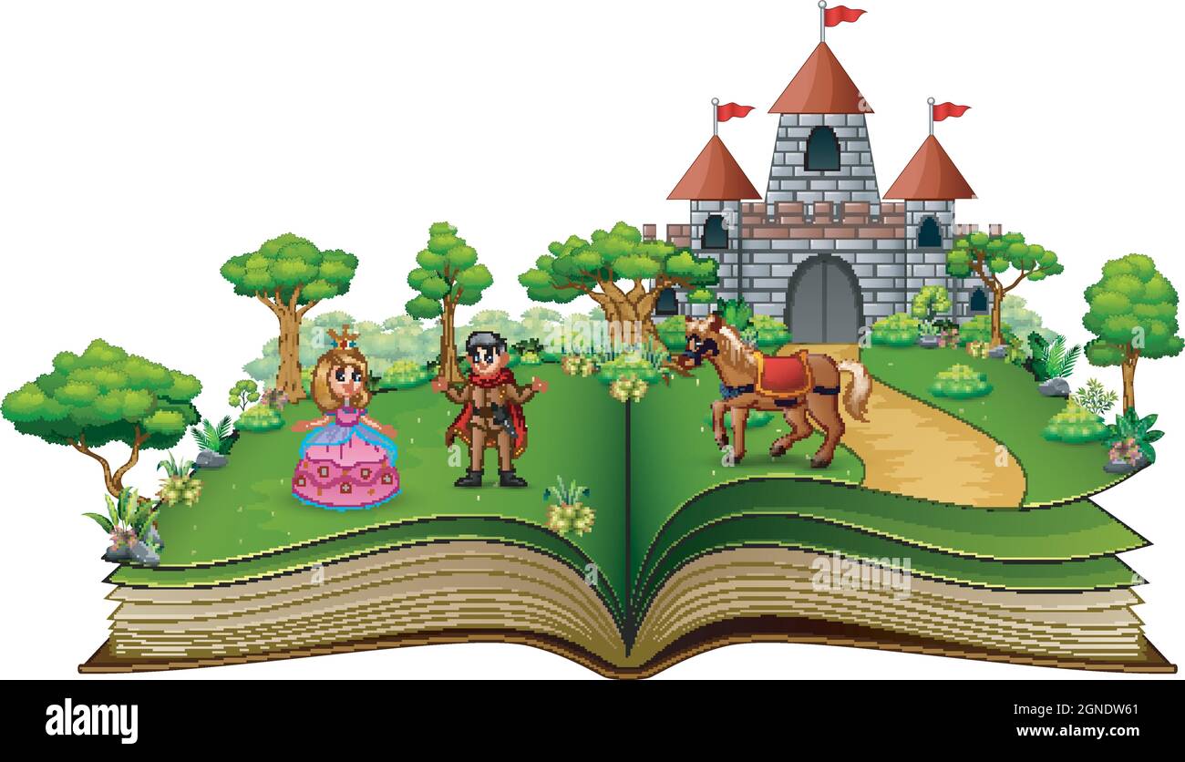 Story book with cartoon princesses and princes in front of a castle ...