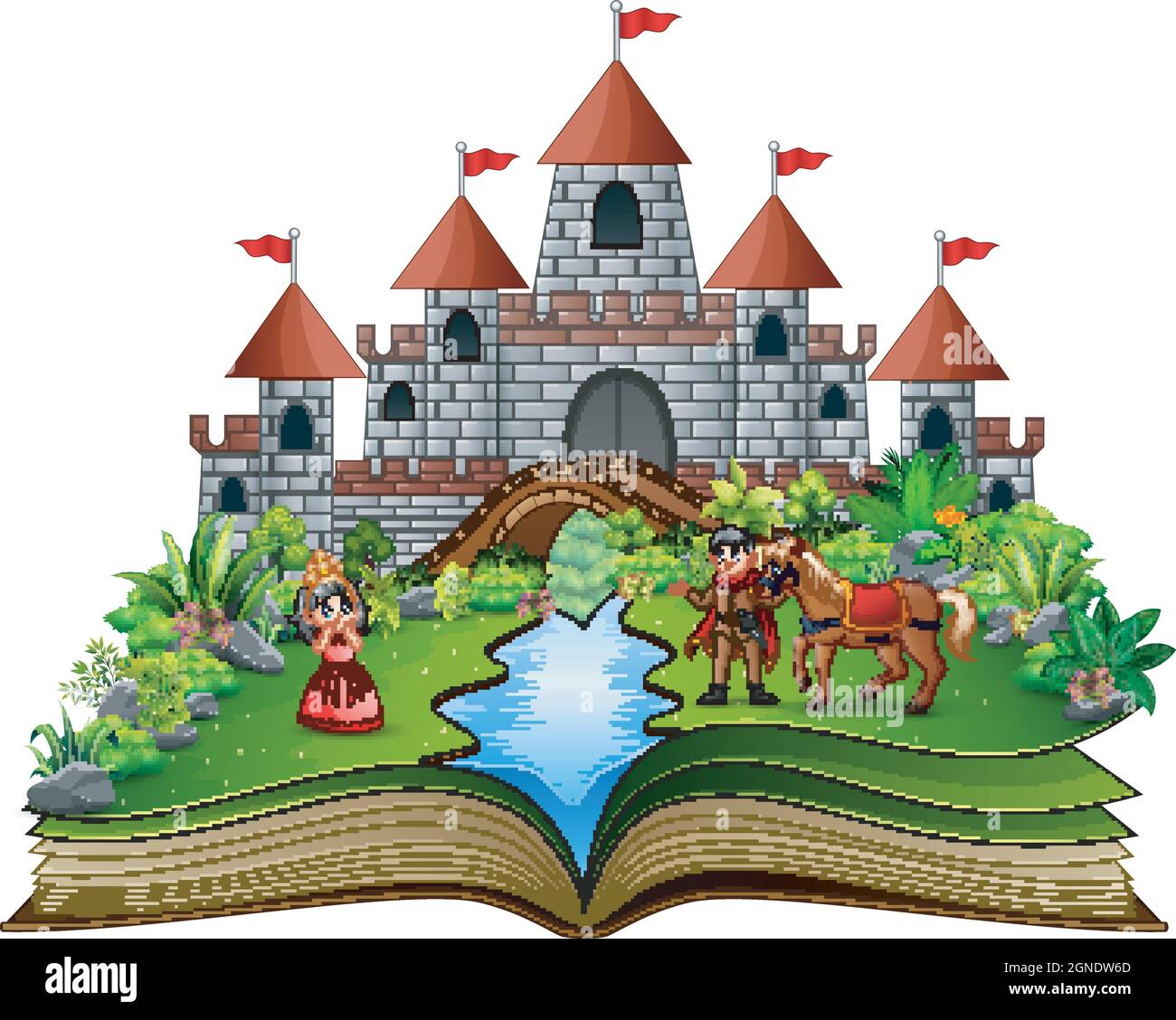 Story book with cartoon princesses and princes in front of a castle ...