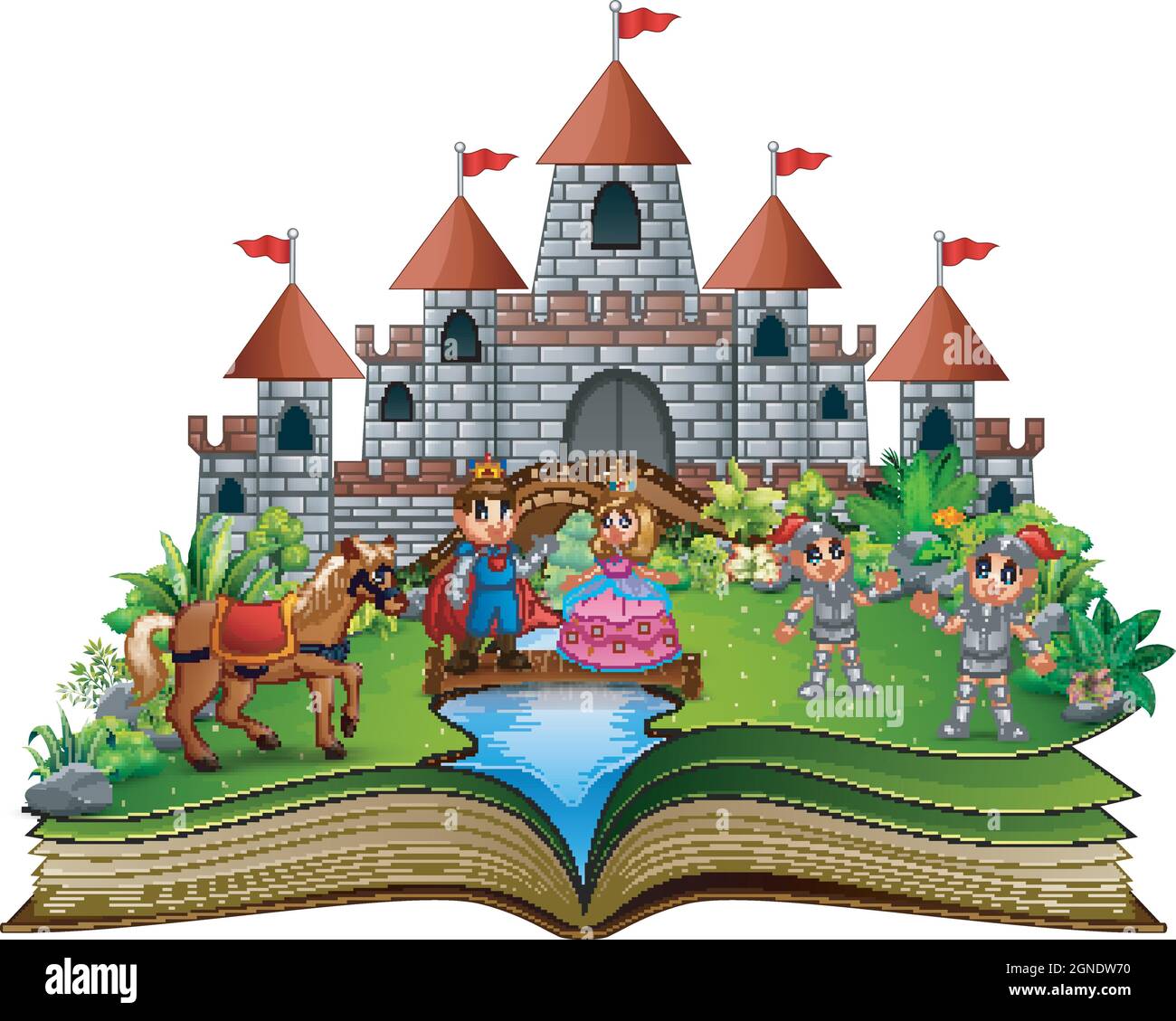 Story book with cartoon princesses and princes in front of a castle ...