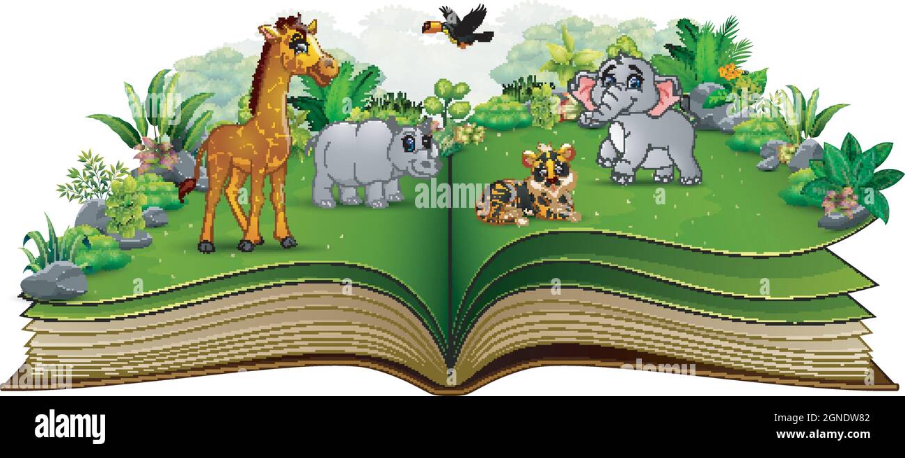 Open book with animal cartoon playing in the park Stock Vector Image ...